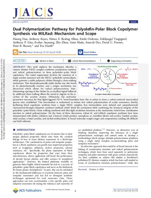 Pdf Dual Polymerization Pathway For Polyolefin Polar Block Copolymer Synthesis Via Milrad