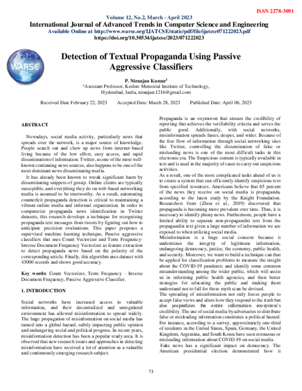 Pdf Detection Of Textual Propaganda Using Passive Aggressive Classifiers