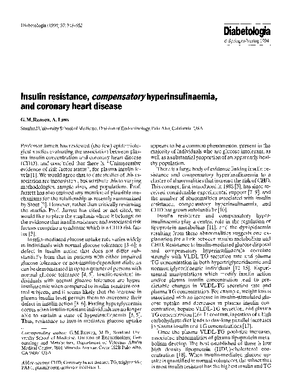 (PDF) Insulin resistance, compensatory hyperinsulinaemia, and coronary ...