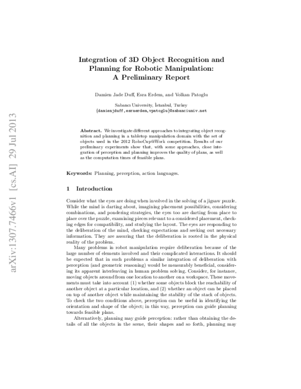 Pdf Integration Of 3d Object Recognition And Planning For Robotic Manipulation A Preliminary