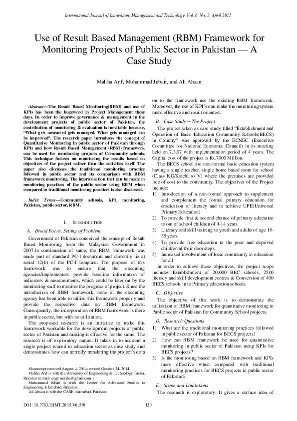 (PDF) Use of Result Based Management (RBM) Framework for Monitoring ...