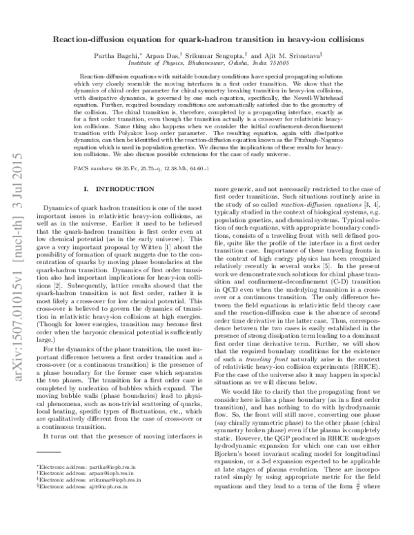 (PDF) Reaction-diffusion equation for quark-hadron transition in heavy-ion collisions