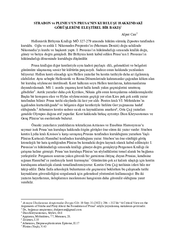 (PDF) Strabon ve Plinius'un Prusa'nın Kuruluşu Hakkındaki Görüşlerine Eleştirel Bir Bakış