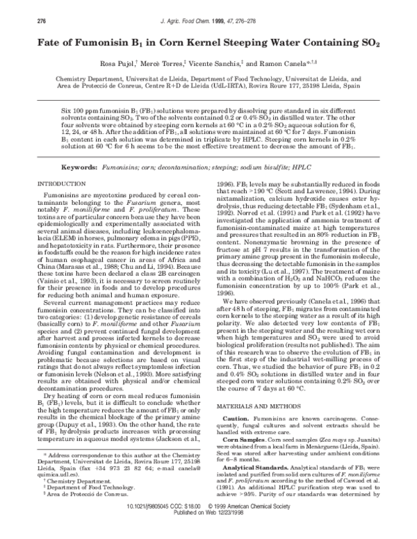 (PDF) Fate of Fumonisin B 1 in Corn Kernel Steeping Water Containing SO 2