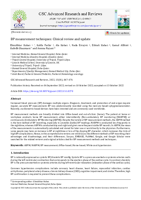 (PDF) BP measurement techniques: Clinical review and update