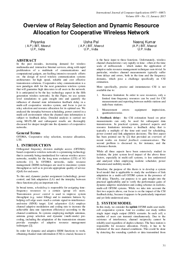 (PDF) Overview of Relay Selection and dynamic resource Allocation for Cooperative Wireless Network