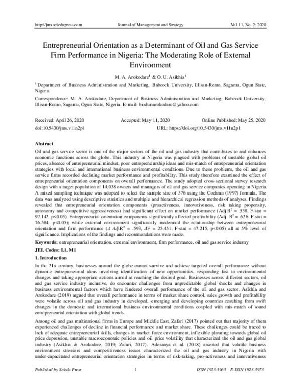 (PDF) Entrepreneurial Orientation as a Determinant of Oil and Gas Service Firm Performance in ...
