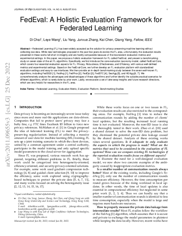 (PDF) FedEval: A Holistic Evaluation Framework for Federated Learning