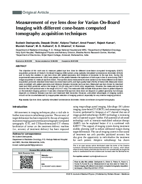 (PDF) Measurement of eye lens dose for Varian On-Board Imaging with ...