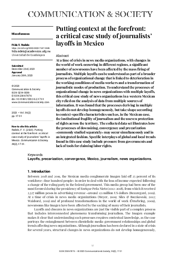 (PDF) Putting context at the forefront: a critical case study of journalists’ layoffs in Mexico
