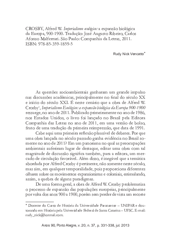 (PDF) CROSBY, Alfred W. Imperialismo ecológico: a expansão biológica da ...