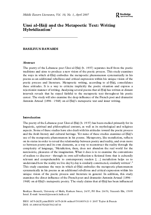 (PDF) Unsī al-ājj and the metapoetic text: Writing hybridization 1 ...