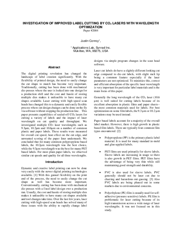 (PDF) Investigation of improved label cutting by CO2 lasers with ...