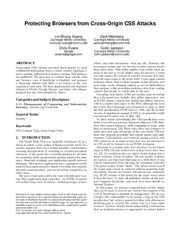 (PDF) Protecting Browsers from Cross-origin CSS Attacks