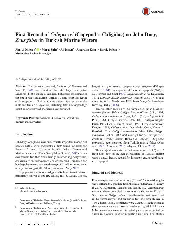 (PDF) First Record of Caligus zei (Copepoda: Caligidae) on John Dory ...