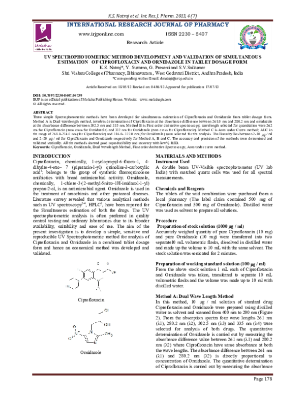 Pdf Simultaneous Estimation Of Ciprofloxacin And Ornidazole