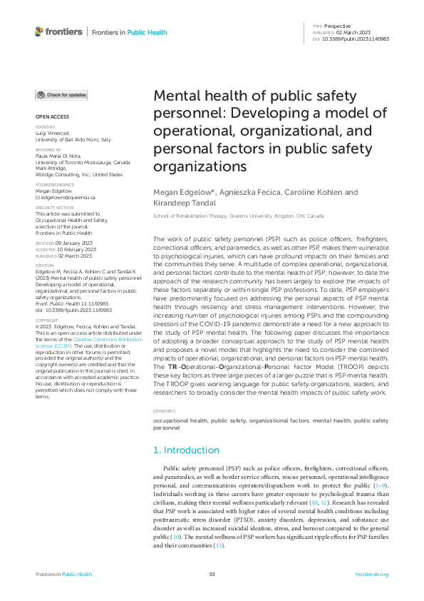 (PDF) Mental health of public safety personnel: Developing a model of ...