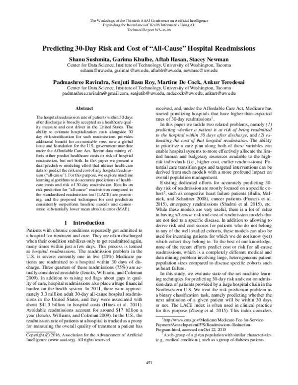 Pdf Predicting 30 Day Risk And Cost Of All Cause Hospital Readmissions