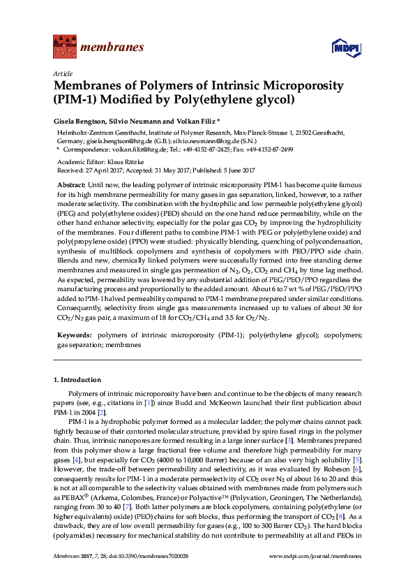 (PDF) Membranes of Polymers of Intrinsic Microporosity (PIM-1) Modified ...