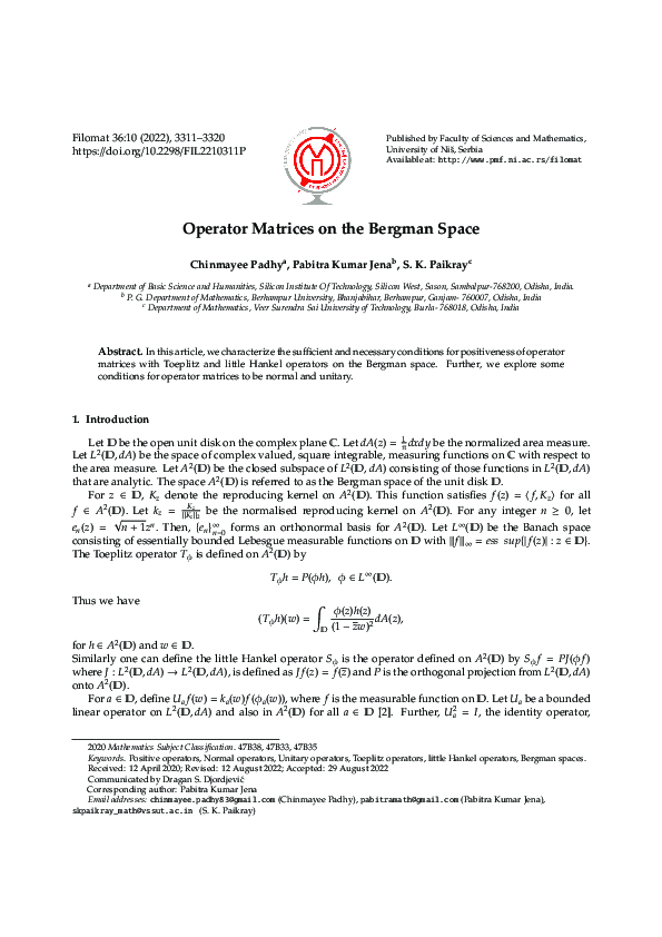 (PDF) Operator matrices on the Bergman space