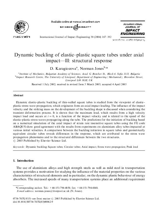 (PDF) Dynamic buckling of elastic–plastic square tubes under axial impact—I: stress wave ...