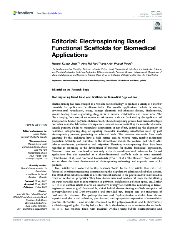 (PDF) Editorial: Electrospinning Based Functional Scaffolds for Biomedical Applications
