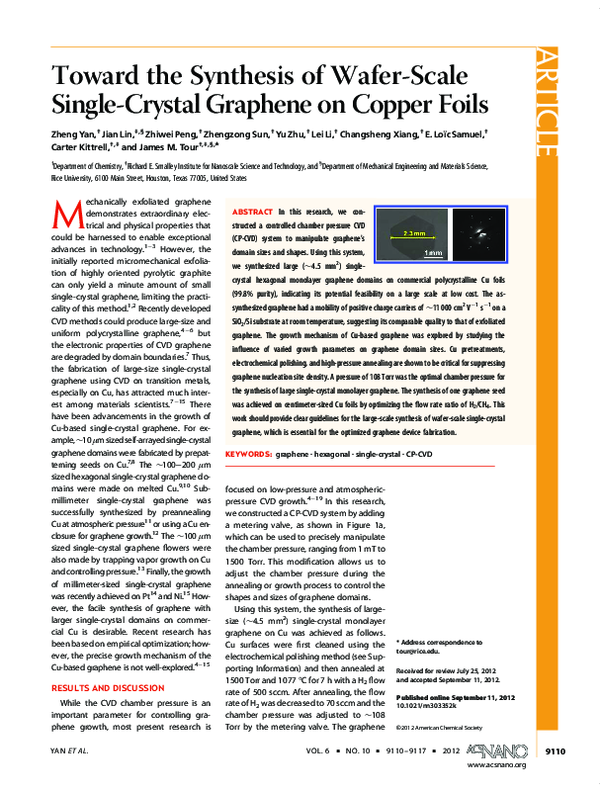 Pdf Toward The Synthesis Of Wafer Scale Single Crystal Graphene On Copper Foils