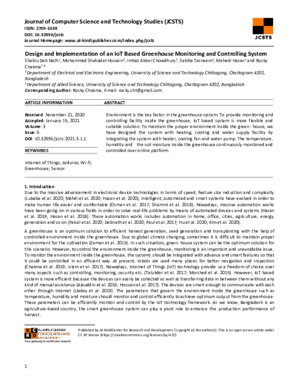 Pdf Design And Implementation Of An Iot Based Greenhouse Monitoring And Controlling System