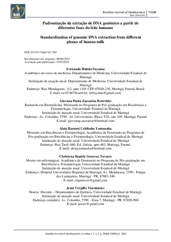 Pdf Padronização Da Extração De Dna Genômico A Partir De Diferentes Fases Do Leite Humano
