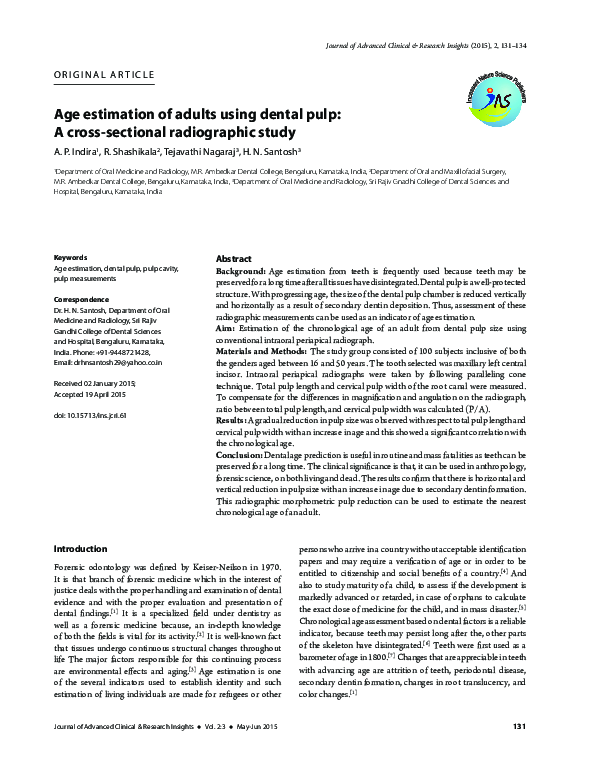 (PDF) Age estimation of adults using dental pulp: A cross-sectional ...