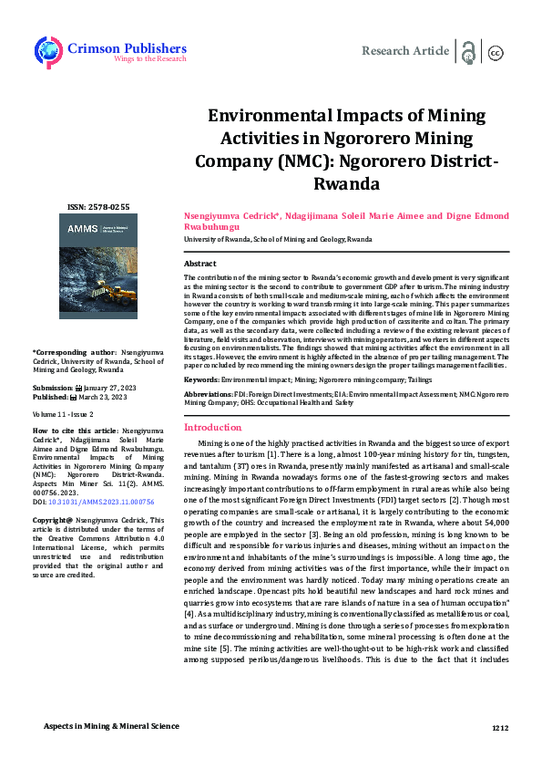 (PDF) Environmental Impacts of Mining Activities in Ngororero Mining Company (NMC): Ngororero ...