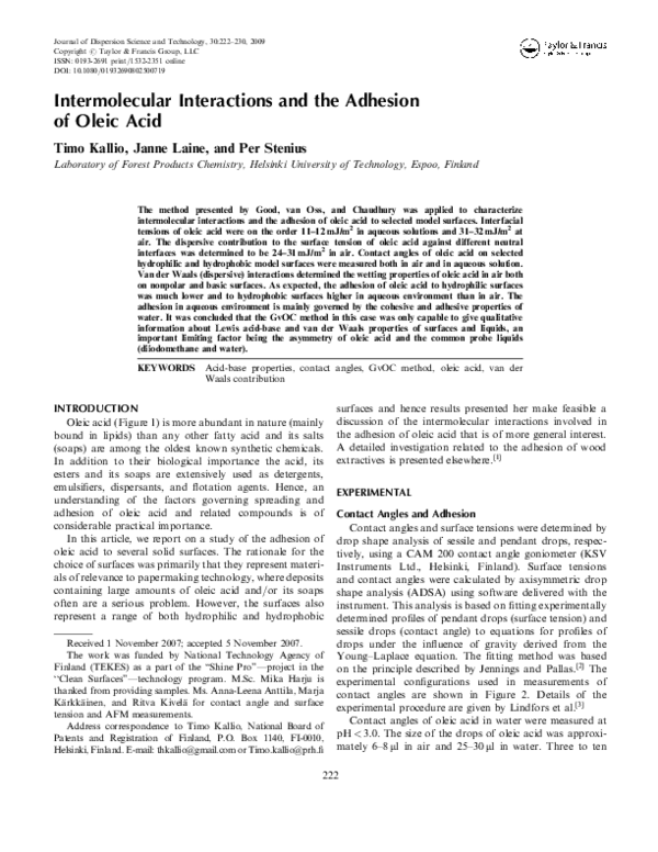 (PDF) Intermolecular Interactions and the Adhesion of Oleic Acid