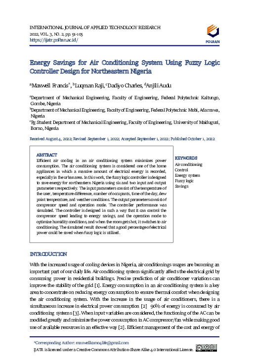 (PDF) Energy Savings for Air Conditioning System Using Fuzzy Logic Controller Design for ...