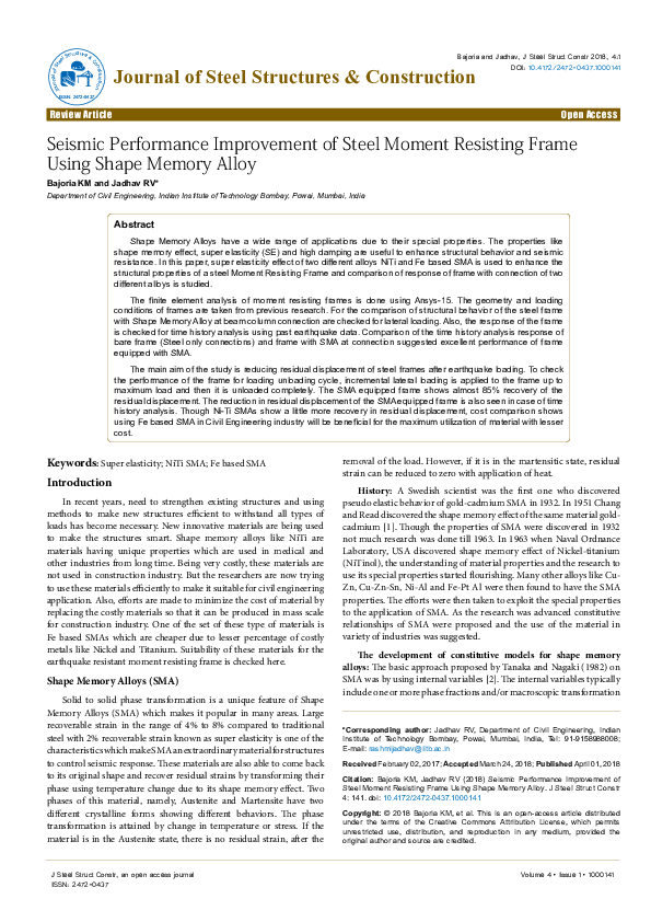 (PDF) Seismic Performance Improvement of Steel Moment Resisting Frame Using Shape Memory Alloy