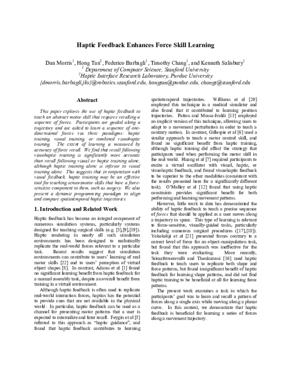 (PDF) Haptic Feedback Enhances Force Skill Learning | Kenneth Salisbury - Academia.edu