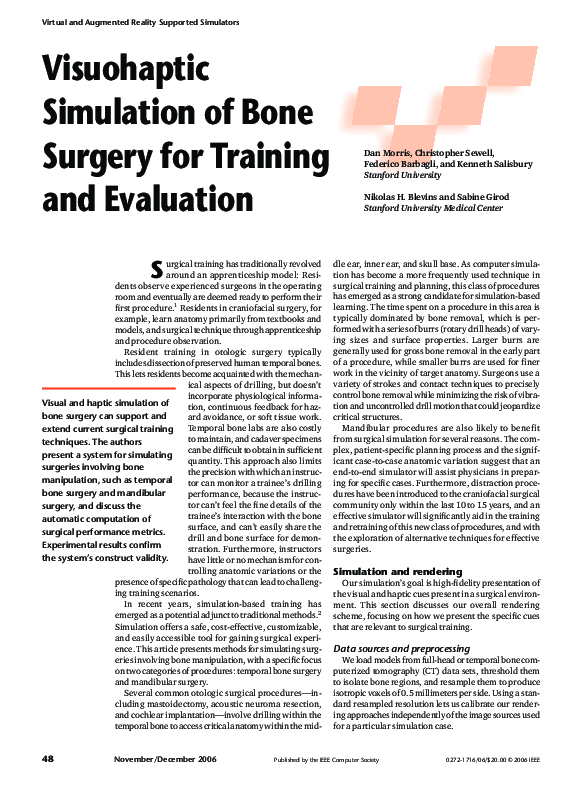 (PDF) Visuohaptic simulation of bone surgery for training and evaluation