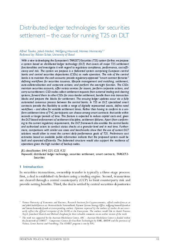 (PDF) Distributed ledger technologies for securities settlement – the ...