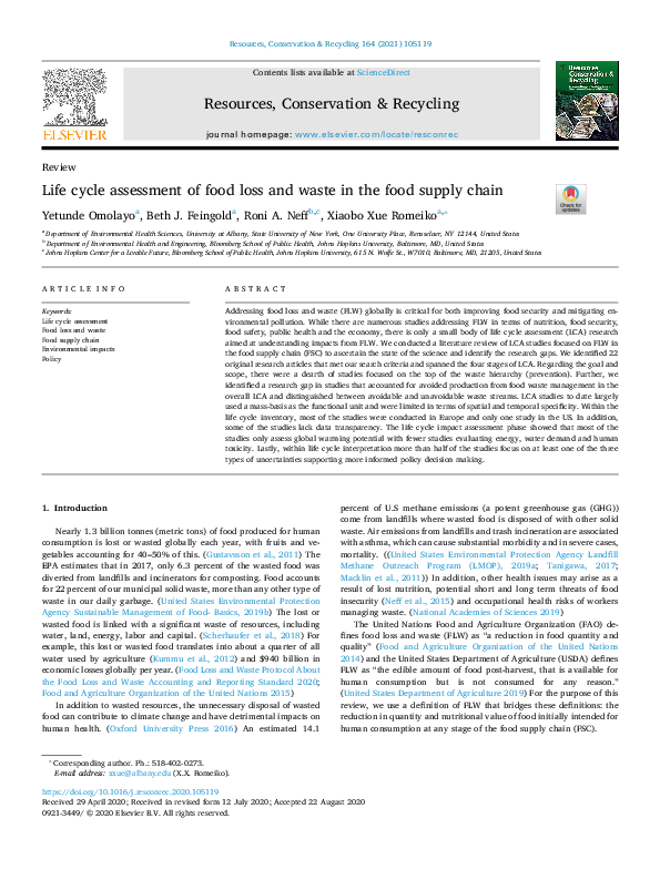 (PDF) Life cycle assessment of food loss and waste in the food supply chain