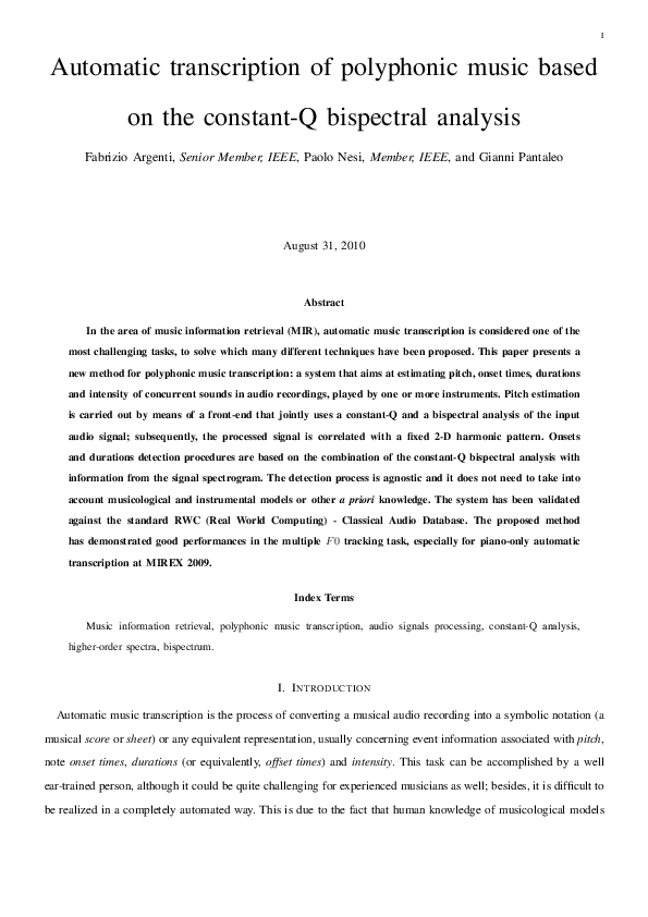 (PDF) Automatic Transcription of Polyphonic Music Based on the Constant-Q Bispectral Analysis