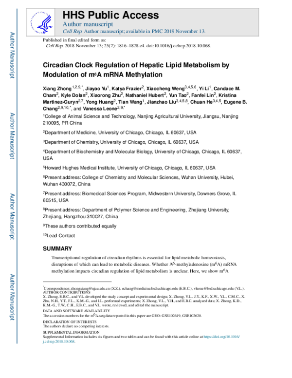 (PDF) Circadian Clock Regulation of Hepatic Lipid Metabolism by Modulation of m6A mRNA Methylation
