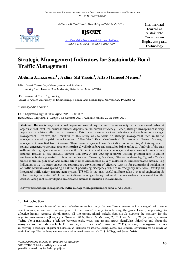 (PDF) Strategic Management Indicators for Sustainable Road Traffic ...