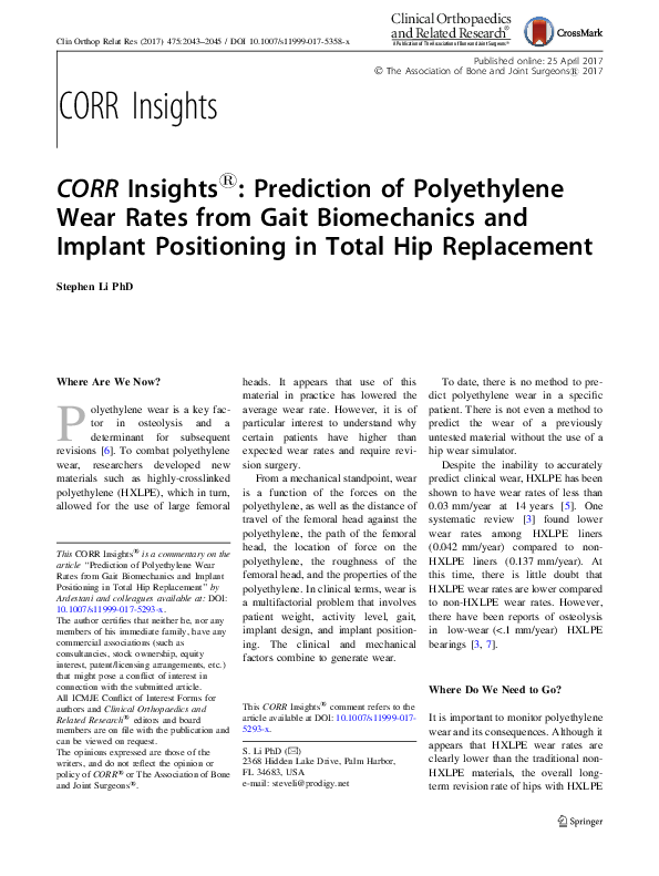 (PDF) CORR Insights(®): Prediction of Polyethylene Wear Rates from Gait ...