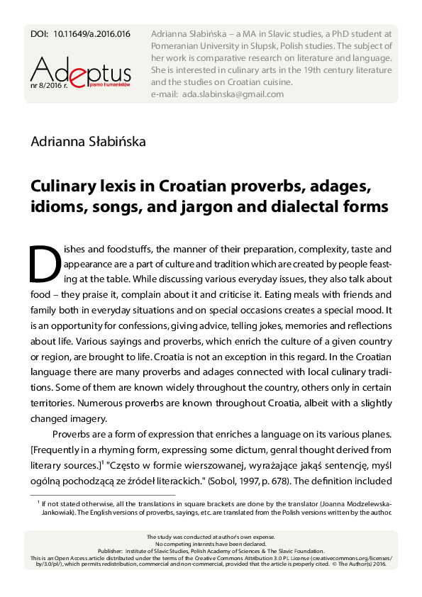 (PDF) Culinary lexis in Croatian proverbs, adages, idioms, songs, and ...
