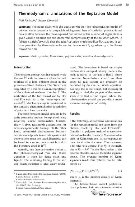 Pdf Thermodynamic Limitations Of The Reptation Model Nail Fatkullin