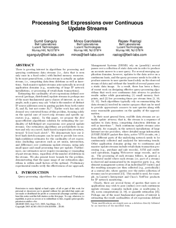(PDF) Processing set expressions over continuous update streams