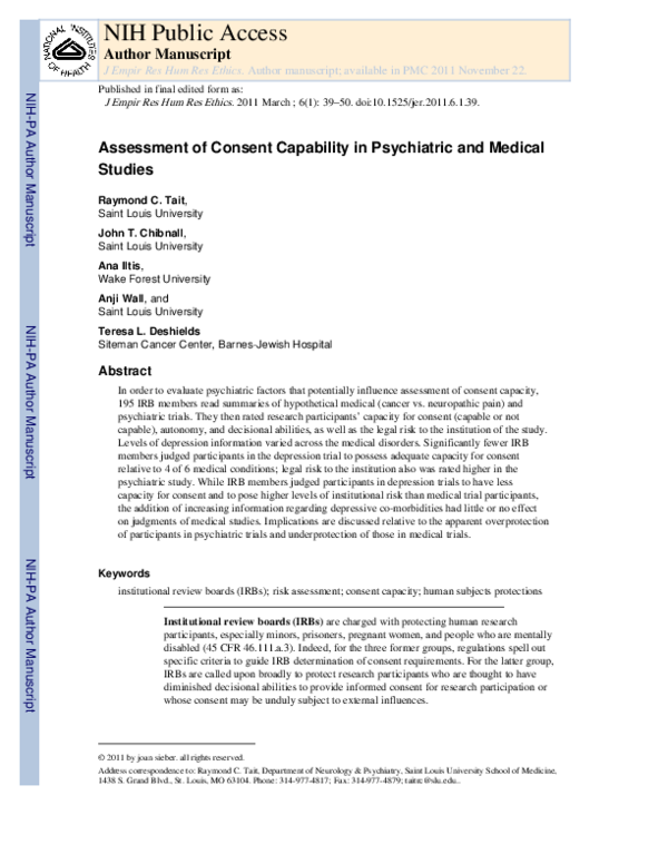 (PDF) Assessment of Consent Capability in Psychiatric and Medical Studies