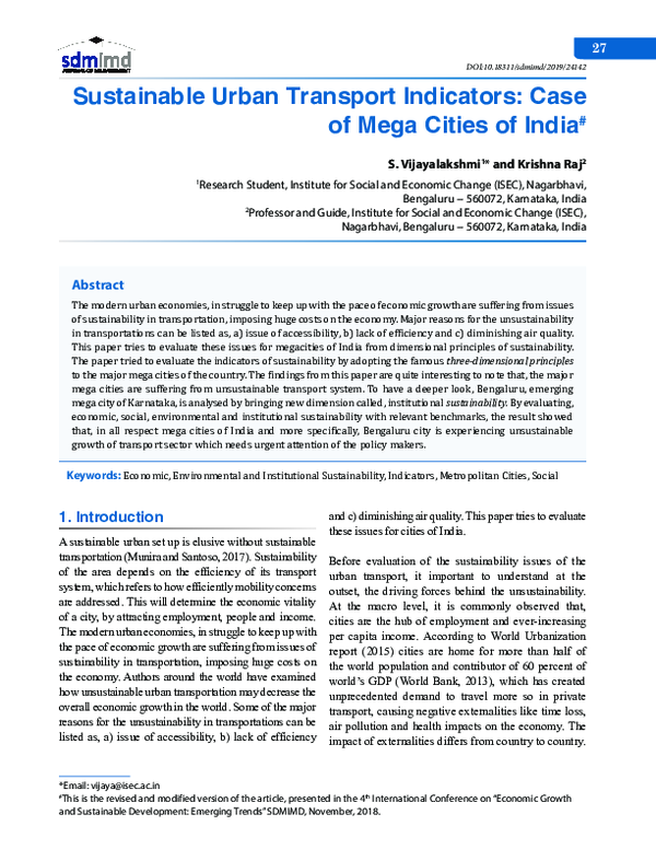 (PDF) Sustainable Urban Transport Indicators: Case of Mega Cities of India