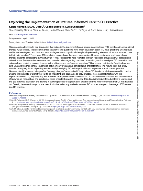 (PDF) Exploring the Implementation of Trauma-Informed Care in OT Practice