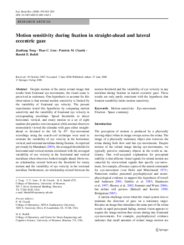 (PDF) Motion sensitivity during fixation in straight-ahead and lateral ...