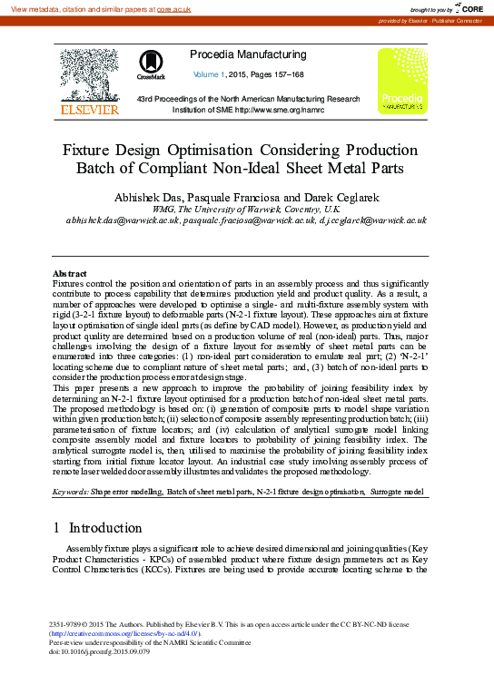 Pdf Fixture Design Optimisation Considering Production Batch Of Compliant Non Ideal Sheet